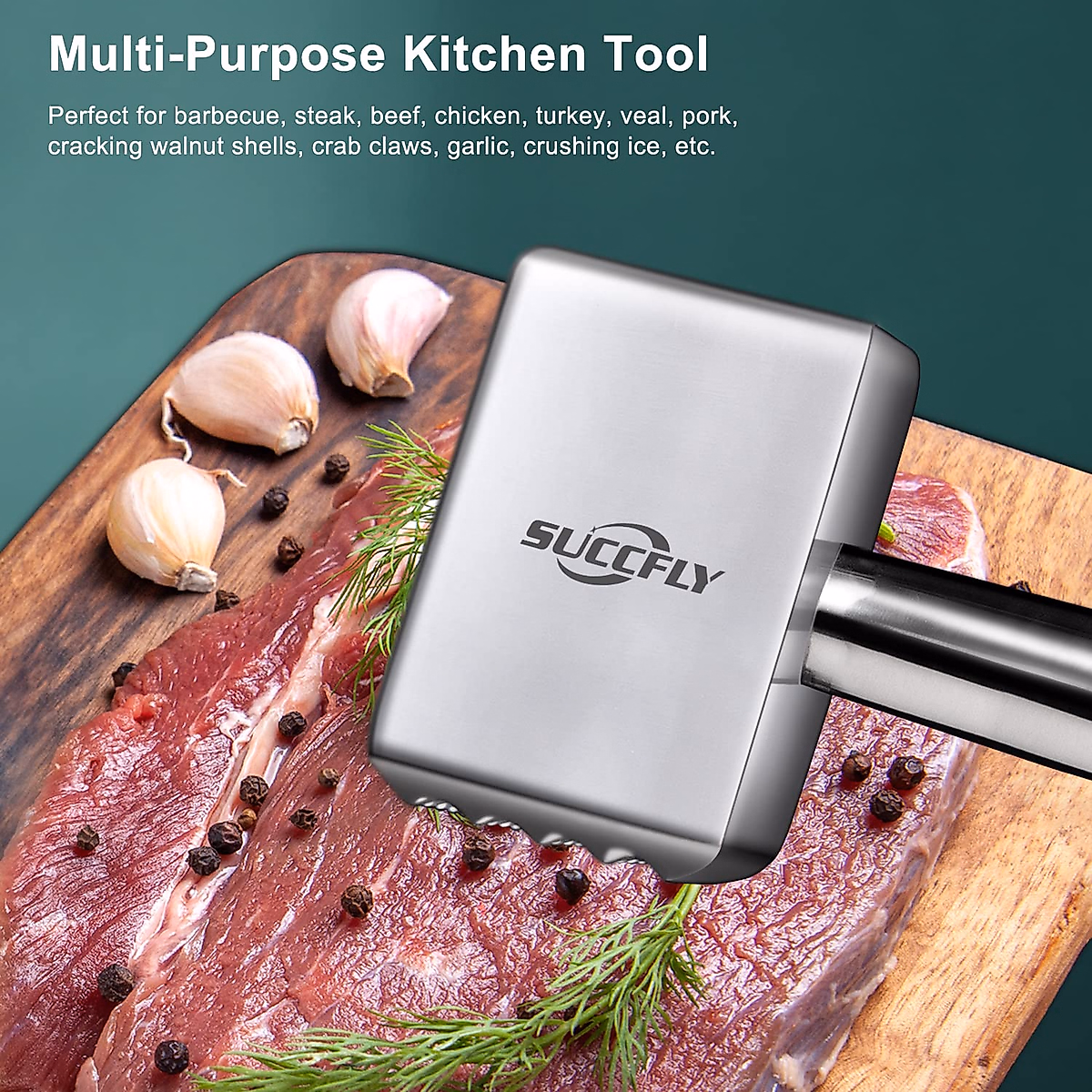 SUCCFLY Meat Tenderizer Stainless Steel, Heavy Duty Meat Hammer, Kitchen Meat Mallet, Meat Pounder Flatterner Weighted Hammer Extended Handle for Labor-saving Chicken Steak Meat Tenderizer Tool(1.6LB)