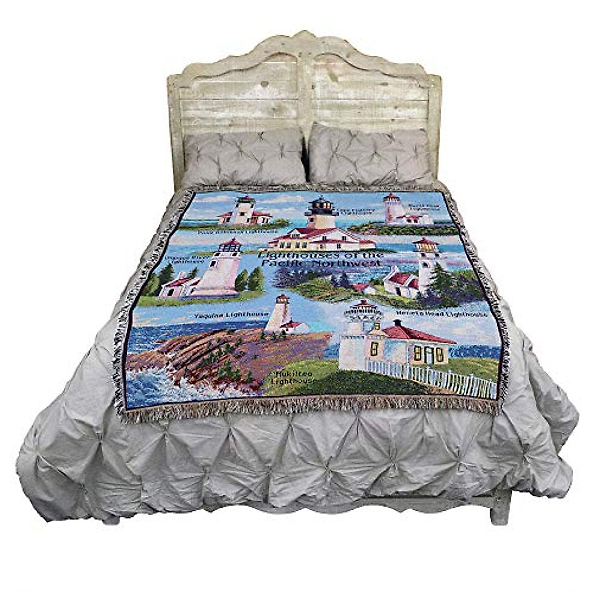 Lighthouses of the Pacific Northwest Blanket - Pt Robinson Umpqua River Noth Head Yaquina Cape Flattery Heceta Mukilteo - Coastal Ocean Gift Tapestry Throw Woven from Cotton - Made in the USA (72x54)
