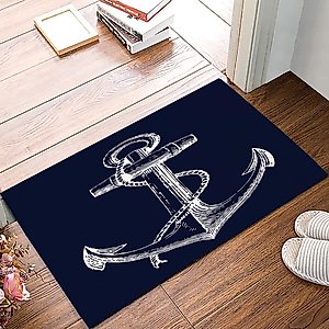 White Nautical Anchor Navy Blue Door Mats Cover Non-Slip Machine Washable Indoor Bathroom Kitchen Decor Rug Mat 16x24 Inch