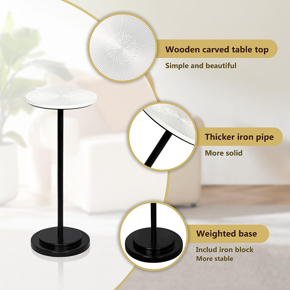 COVLON Drink Table, Carved Table Top Martini Table, Small Side Table, Weighted Base Pedestal Table for Living Room, Bedroom, Modern, White and Black