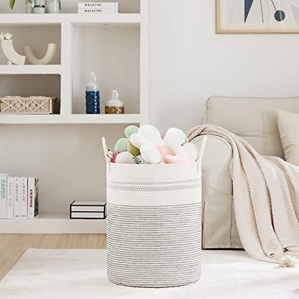 72L Large Woven Rope Laundry Hamper by Fiona's magic, Tall Laundry Basket Storage, Baby Nursery Hamper for Blankets, Toys and Clothes Hamper for Bedroom and Living Room Organizing, Jute, White