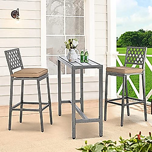 ONLYCTR Outdoor Bar Chairs and Table, Metal Outdoor Bar Set, 3 Piece Patio Bar Table Set with Bar Stools & Cushions for Backyard, Porch, Bistro, Balcony (Gray, 55" Table, 2 X-Back stools)