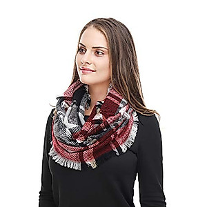 Lucky Leaf Women Winter Checked Pattern Cashmere Feel Warm Plaid Infinity Scarf (L8-Black Burgundy)