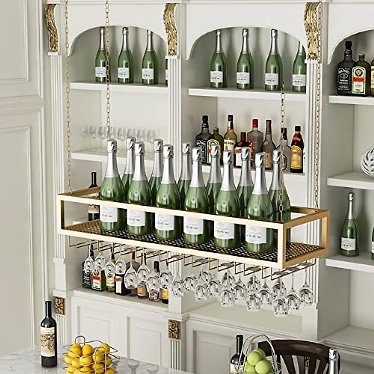 DASHADAO Hanging Wine Glass Rack-Bar Unit Floating Shelves, Metal Chain Wine Rack Ceiling Hanging Wine Bottle Holder with Goblet Stemware Racks Kitchen Upside Down Wine Rack Home Storage Sh