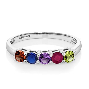 Gem Stone King 10K White Gold Promise Customized and Personalized 5 Gemstone Birthstone For Her Anniversary Band Engagement Flower Blossom Ring For Women (Size 7)