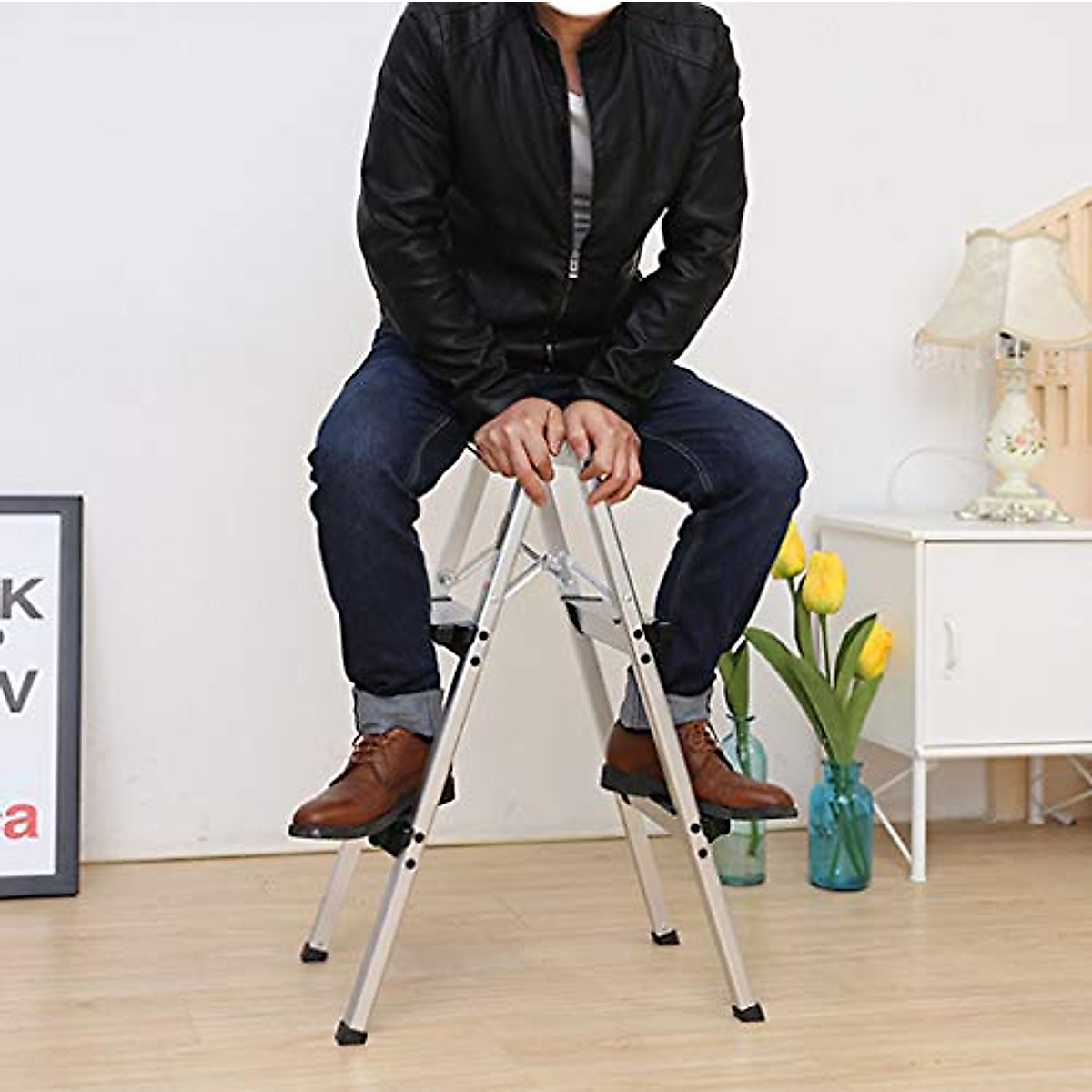 PENGJIE Folding Ladder Step Stool Ladder Stool 3 Step Folding Aluminum Heavy Duty Steel Portable Anti Slip Mat Tread Compact 150 Kg Capacity