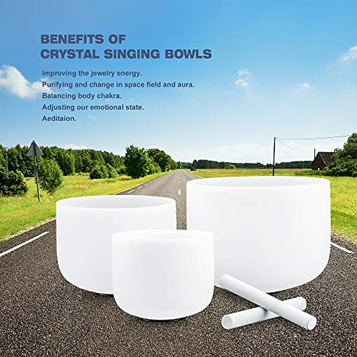 RYAN DVAN 6-10 Inch Set of 3 Frosted Quartz Crystal Singing Bowl Chakra Set with Free Carrying Case