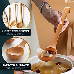 Wooden Ladle for Soup - 10.8x2.8" Wood Ladle with Deep Scoop, Hanging Hook, and Lacquer Coating for a Comfortable Grip, Easy to Clean and Store - Hard Thermostable, Long Soup Spoon for Kitchen