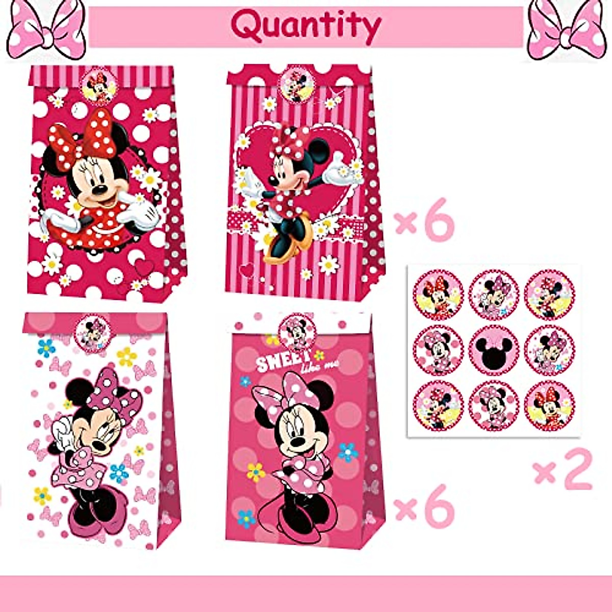12 PCS Mouse Party Bags with Stickers, Mouse Gift Paper Bags, Party Gift Goody Treat Candy Bags for Mouse Party Themed Birthday Decorations