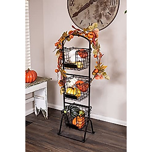 BIRDROCK HOME 3-Tier Wire Market Basket Stand with Chalk Label - Snack Fruit Vegetable Produce Metal Hanging Storage Bin for Kitchen Pantry - Free-Standing or Stacking Organizer - Black