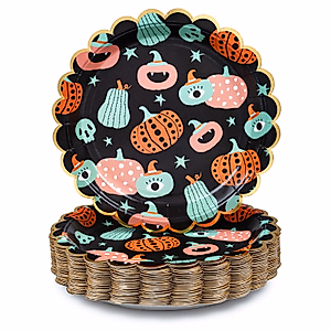 Confettiville Halloween Paper Plates, 50-Count Disposable Halloween Dinner Plates, Scalloped, Party Supplies, Funky Pumpkins, Black
