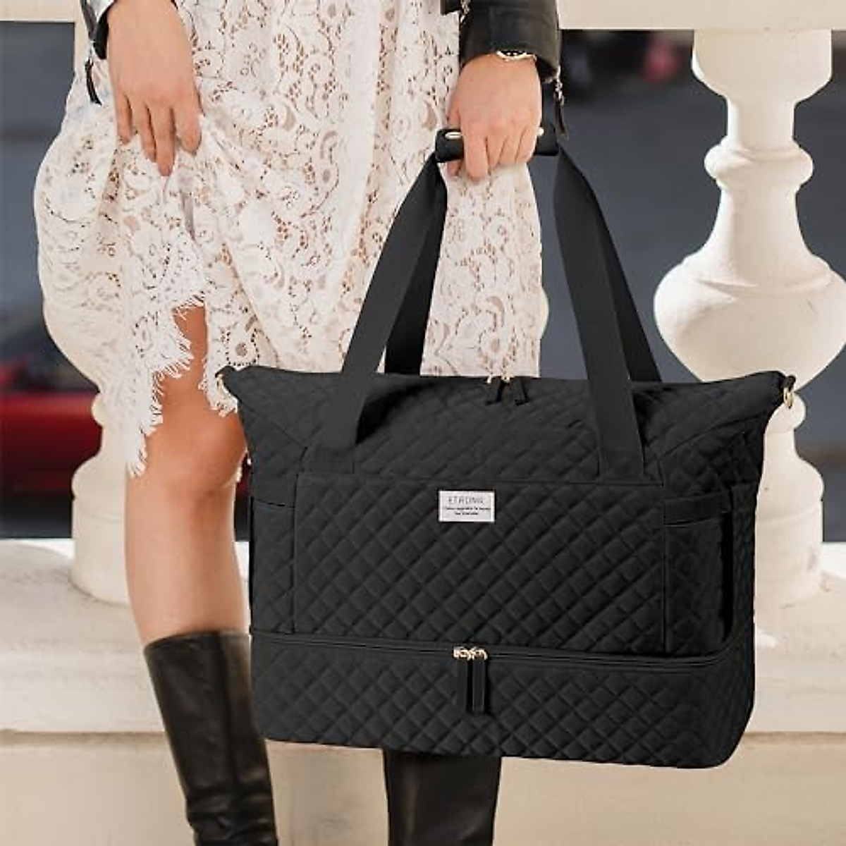 ETRONIK Travel Bag for Women, Gym Duffel Bag with Shoes Compartment, Weekender Overnight Bag with Wet Pocket for Women Travel Gym Daily Use (Black)