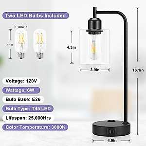 Industrial Touch Table Lamps for Bedrooms Set of 2 - 3-Way Dimmable Nightstand Lamps with USB C+A Ports and Outlet, Black Bedside Lamps with Glass Shade for Living Room, Desk Lamps for Home Office