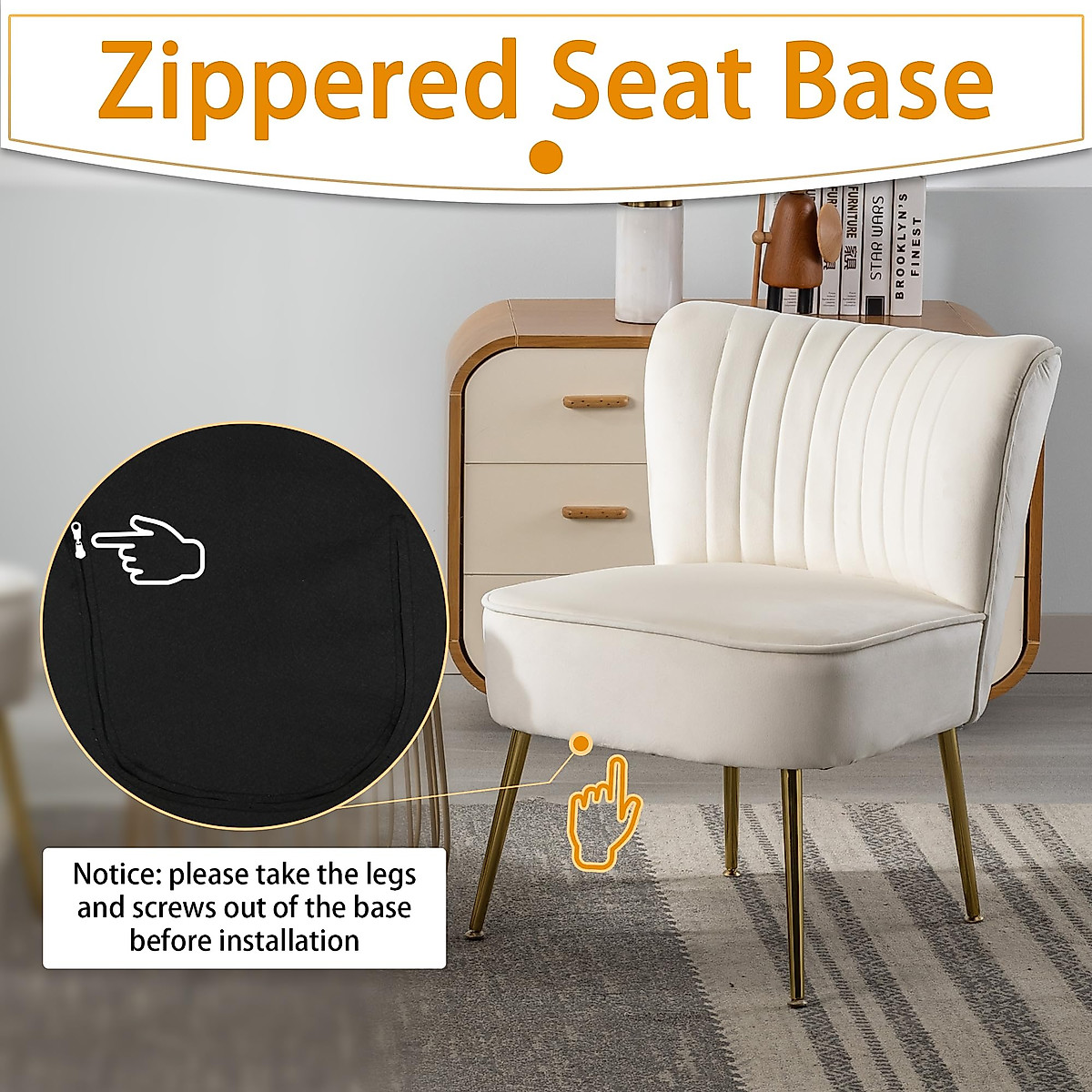 ABET Accent Chairs Set of 2, Velvet Armless Living Room Chairs with Tufted Wingback Thicken Cushion Gold Metal Legs, Comfy Upholstered Side Chairs Slipper Chairs Club Chairs for Bedroom, Beige