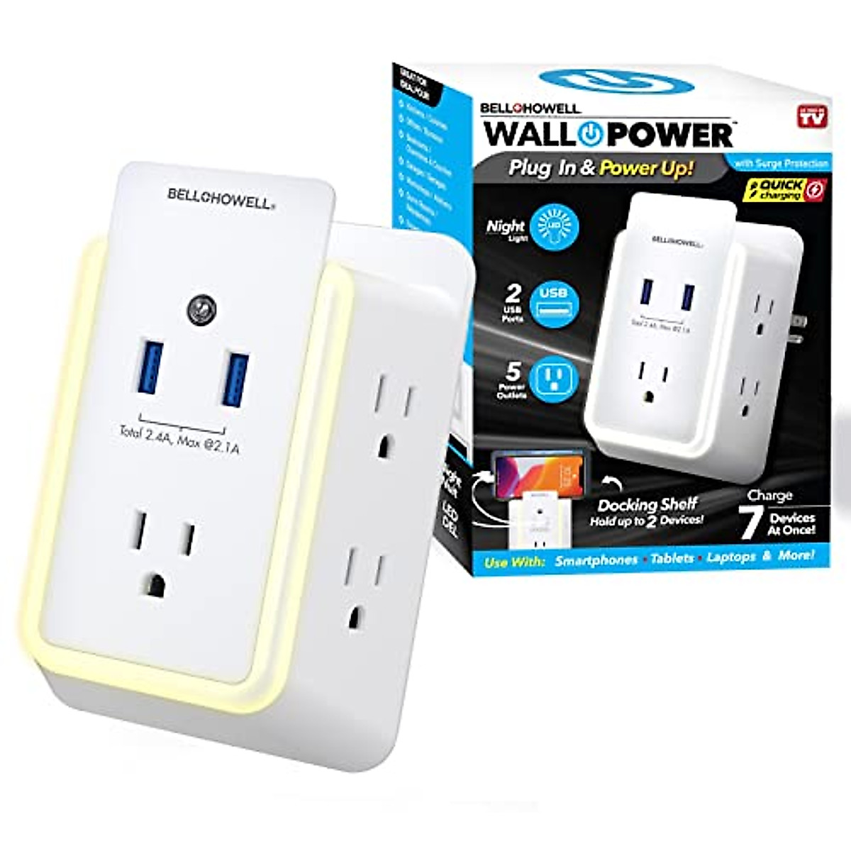 Bell+Howell Wall Power 7908 Surge Protector with Night Light (Automatic) and Device Holder, 5 Outlets 2 USB Ports Electrical Extender, White, 5.5" As Seen On TV