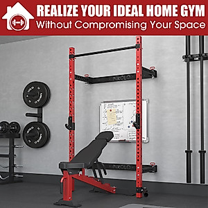 Mikolo Wall Mounted Squat Rack, Folding Power Rack with Lat Pulldown & Cable Crossover System, Power Cage with Pulley System and Training Attachments for Home Gym, Weight Capacity 1450LBS(Red)