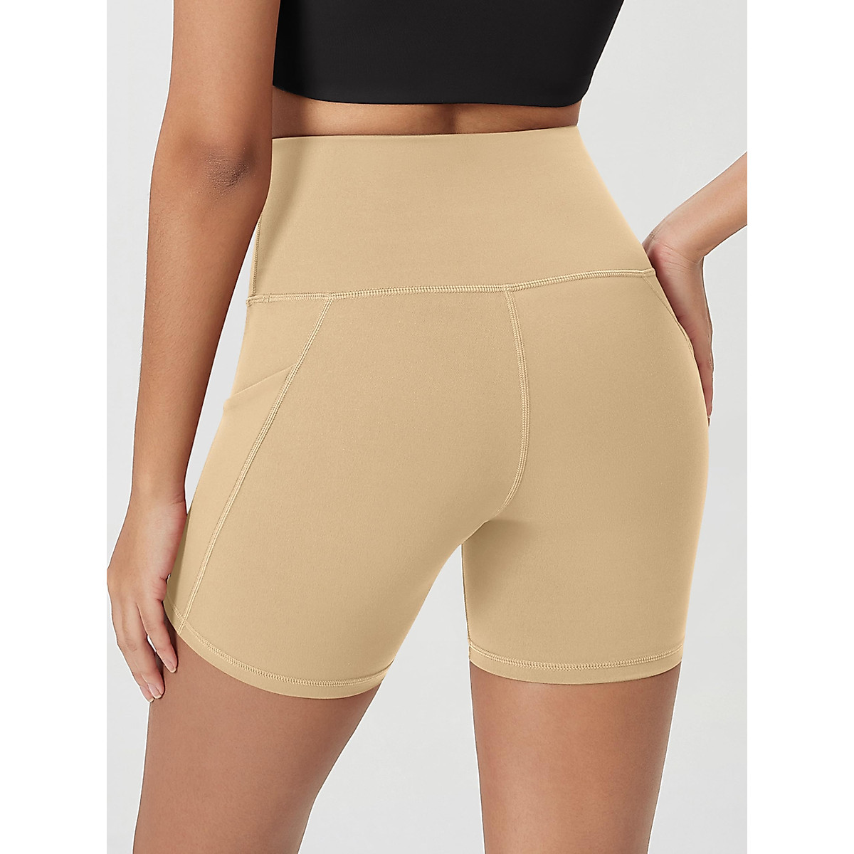 ODODOS 5" Tummy Control Biker Shorts for Women with Pockets High Waist Athletic Workout Yoga Shorts, Beige, X-Large
