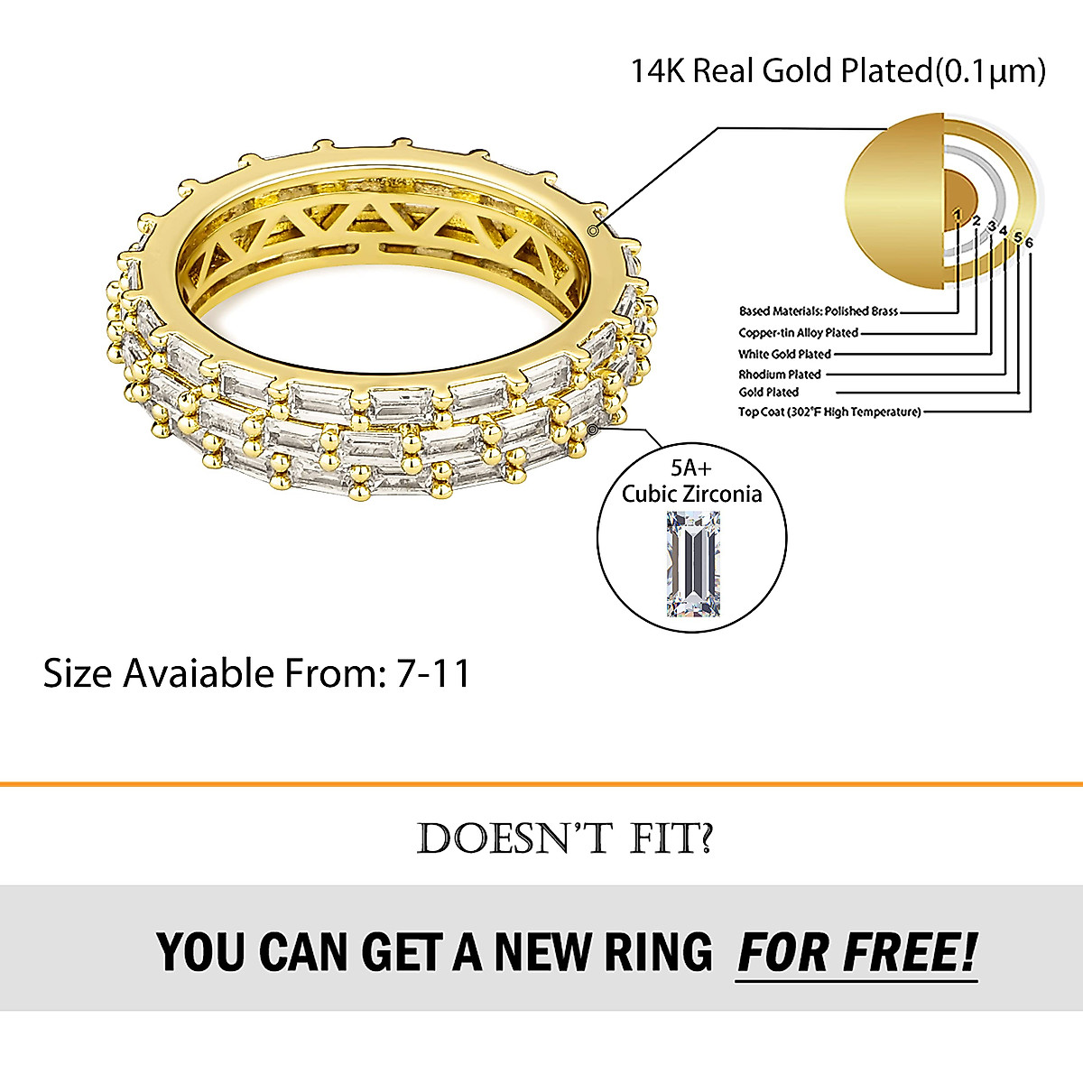 TOPGRILLZ 3 Rows Baguette Wedding Band Ring for Women 18K Gold Plated Diamond 4 Prong Setting Engagement Eternity Gifts (Gold, 11)