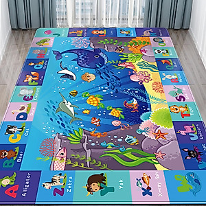 LTKOUGFAM Kids Play Rug, Animals Print Baby Mat for Floor, Kids Rug for Playroom, ABC Educational Rug, Non-Toxic Soft Baby Crawling Mat, Tummy Time Mat, Nursery Rugs (Blue, 78.7X59 INCH)
