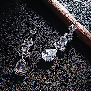 Bridal Earrings for Wedding Silver - 14k Plated Sterling Silver Teardrop CZ Cubic Zirconia Crystal Rhinestone Floarl Leaf Cluster Long Fashion Statement Costume Earrings for Wedding Party Prom