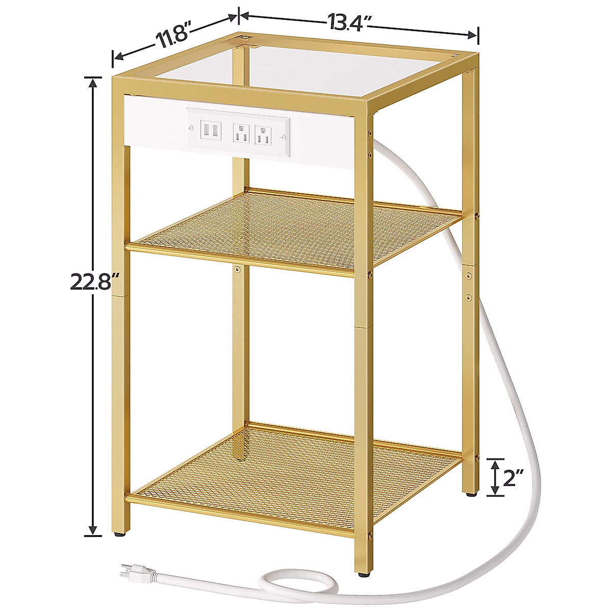 HOOBRO End Tables Set of 2 with Charging Station, Side Tables with USB Ports & Power Outlets, 3-Tier Slim Nightstands with Storage Shelves, Tempered Glass, for Living Room, Bedroom, Gold GD77UBZP201