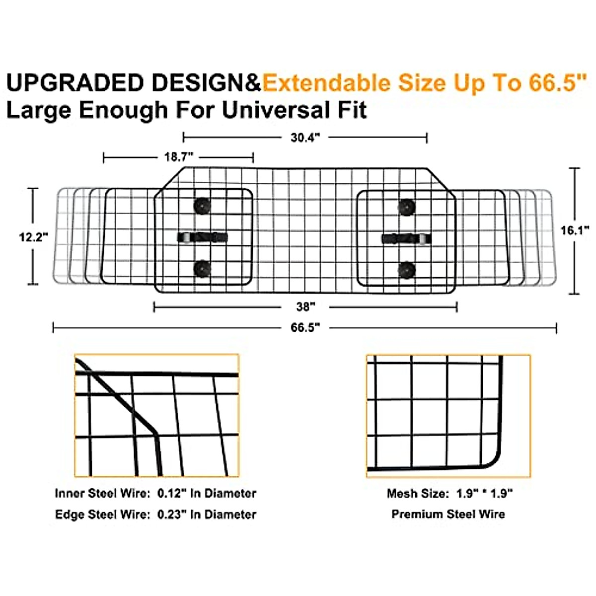 NOAMOO 38-66.5 Inches Dog Car Barrier for SUVs, Van, Vehicles, Adjustable Large Pet Barriers, Universal Fit Heavy-Duty Wire Mesh Dog Guard, Pet Divider Gate for Truck Cargo Area, Safety Car Divider
