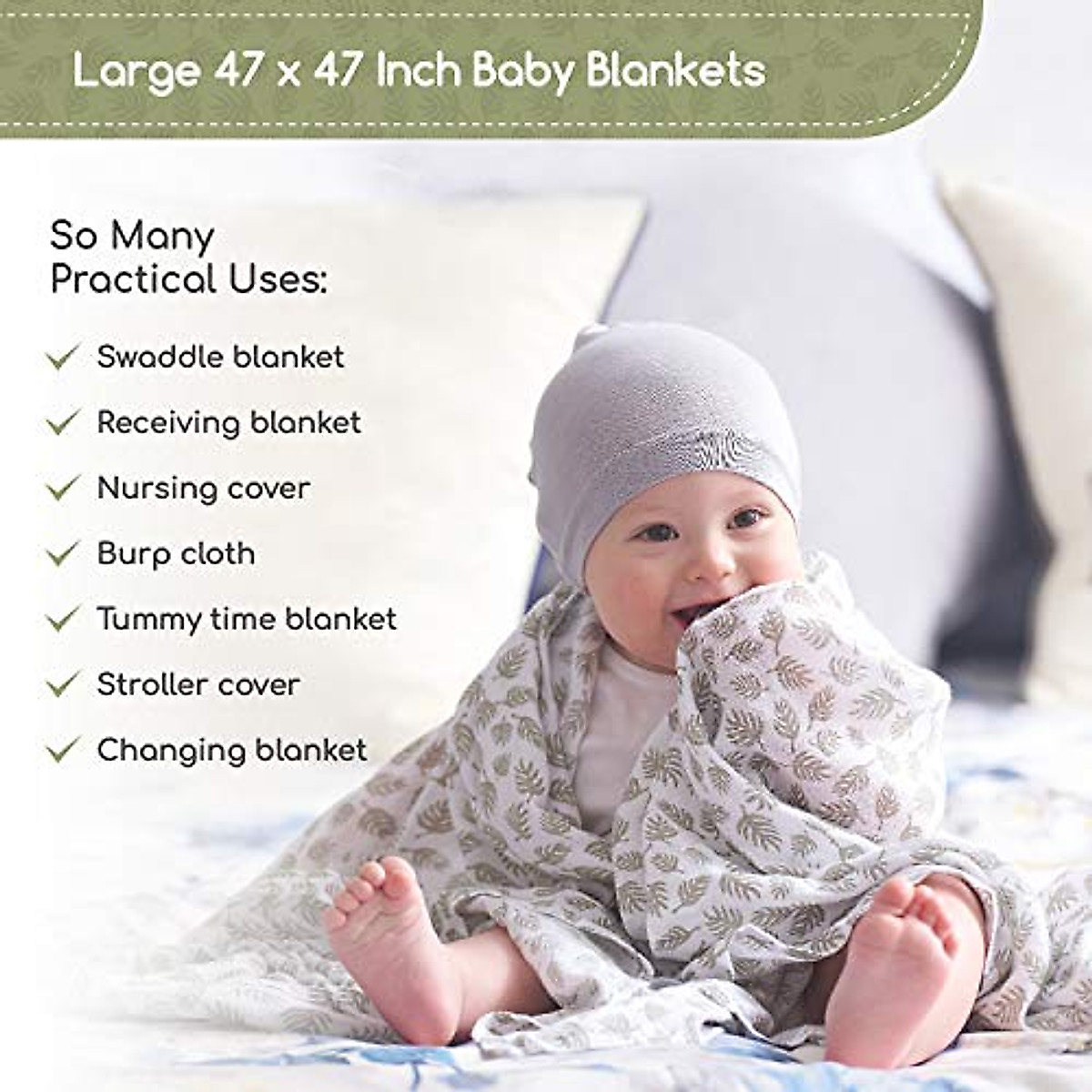 100% Organic Muslin Swaddle Blankets - Breathable, Lightweight, Silky Soft Muslin Baby Swaddle - Large Muslin Blankets Baby Perfect for Newborns and Toddlers - 3 Pack Unisex Neutral Colors