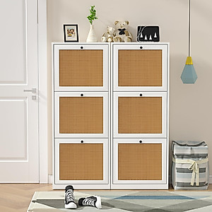 Anmytek Rattan Shoe Cabinet, Entryway Cabinet Wooden Shoe Rack with 3 Flip Drawers, 3-Tier Shoe Storage Cabinet for Entryway Hallway, White S0003