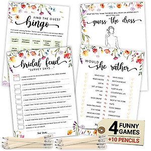 STOFINITY Hilarious Bridal Shower Games 30 Guests - Set Of 4 Couples Wedding Shower Games For Wildflower Bridal Shower Decorations, Fun Bridal Shower Bingo Game Cards, Floral Bridal Party Games (5x7)