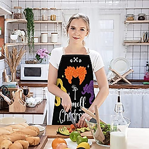 PETCEE Halloween Apron I Smell Children Cooking Aprons with Witches Ghosts Bats Halloween Kitchen Apron with Adjustable Waist Strip for Women Men
