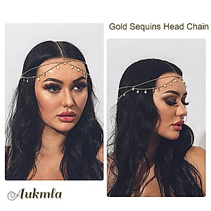 Aukmla Gold Sequins Head Chain Jewelry Festival Halloween Prom Costume Hair Accessories Fashion Headbands Headpieces for Women and Girls
