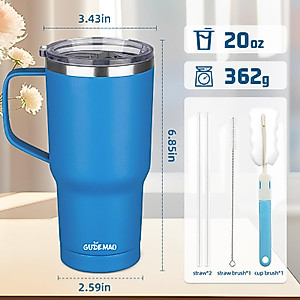 20 oz Insulated Coffee Mug with Ceramic Coating, Stainless Steel Travel Mug Tumbler with Handle Lid and Straw, Double Wall Leak-Proof Thermos Coffee Travel Mug Keeps Drink Hot and Cold (Blue)