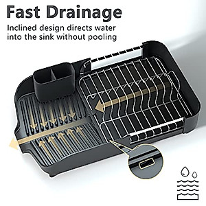 Dish Drying Rack, Expandable Dish Rack for Kitchen Counter(14'' to 20") Auto-Drain Stainless Steel Cutlery Rack and Utensil Holder, Kitchen Dish Drainer Rack - Black