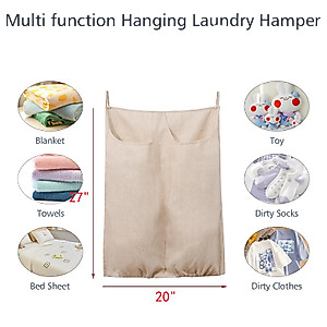HSOFTIFY 100% Pure Linen Dual Hanging Laundry Bag with 2 Deep Pocket and 2 Side Zipper 20x27in, Over The Door Laundry Hamper Space Saving Hampers for Dirty Clothes Home Travel, Linen