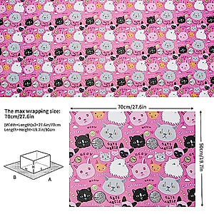 Dtiafu Cat Wrapping Paper for Girls Kids Women - 12 Sheets Pink White Gift Wrap with Cat Fish Patterns for Birthday Baby Shower Cat Party - 20 x 28inch Per Sheet