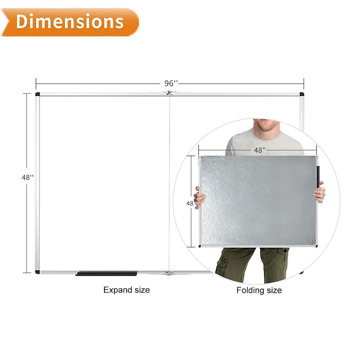 VIZ-PRO Large Dry Erase White Board/Magnetic Foldable Whiteboard, 96 X 48 Inches, Silver Aluminium Frame