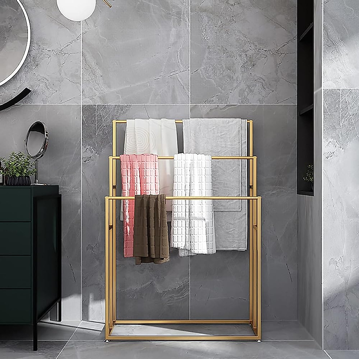 Floor Standing Towel Rack,3 Tier Freestanding Towel Holder,Metal Bathroom Towel Hanger Stand Alone,Towel Bar Stand Storage for Bathroom, Kitchen, Laundry Room, Bedroom(Color:White)