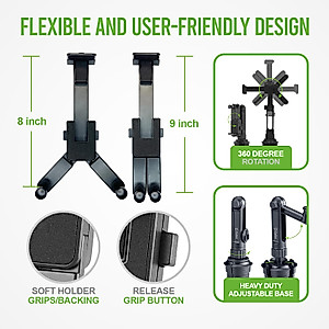 Car Tablet Mount with a Cup Holder Base Compatible for Apple iPad, iPad Pro, iPad Air, iPad Mini, Samsung Galaxy Tablet, Google Pixel Tablet, Amazon Kindle Fire and Smartphones