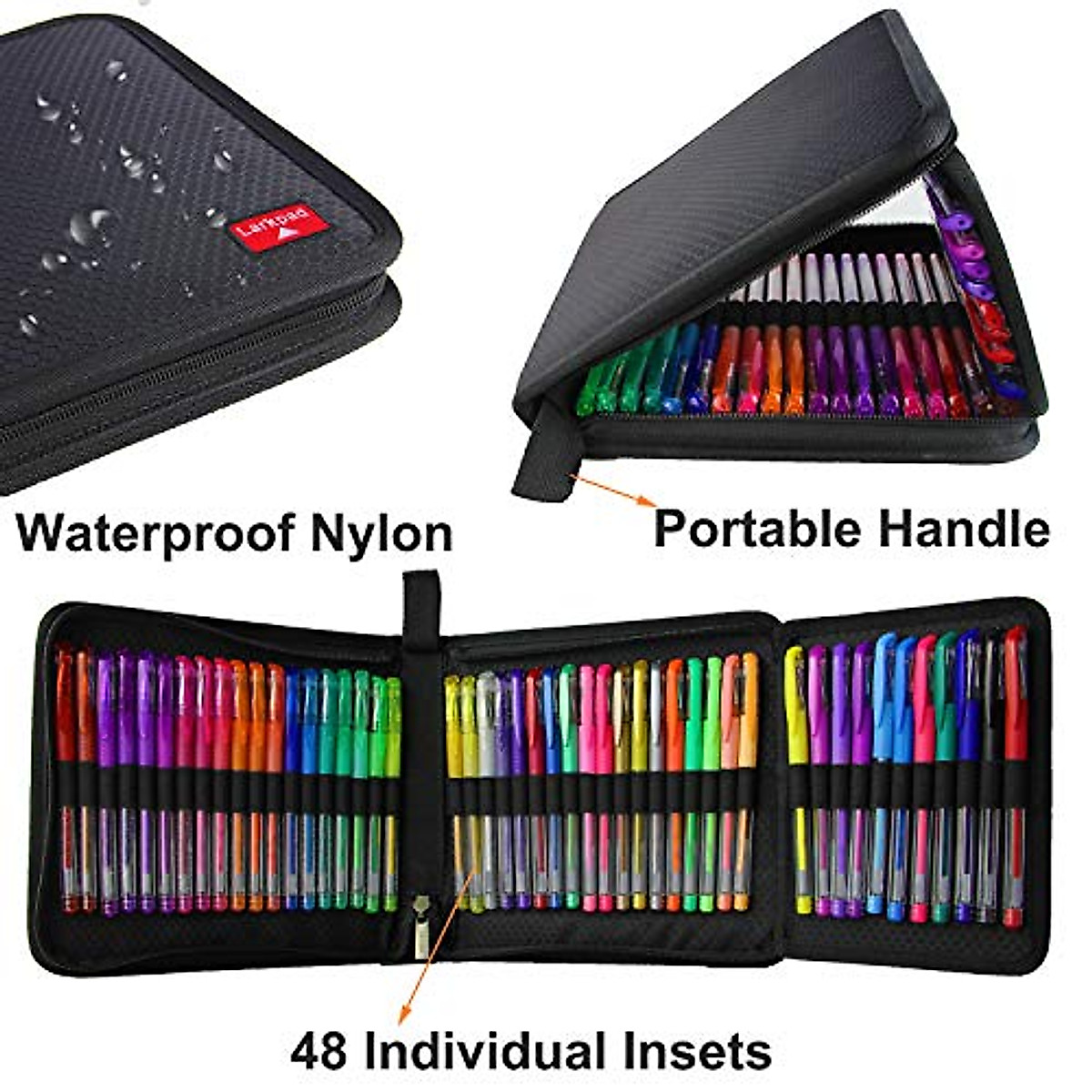 Larkpad 48 Color Gel Pen Set with Portable Nylon Case-24 Glitter 8 Metallic 6 Neon 6 Pastel 4 Classic for Adult Coloring Drawing Note Taking (48 Pens)