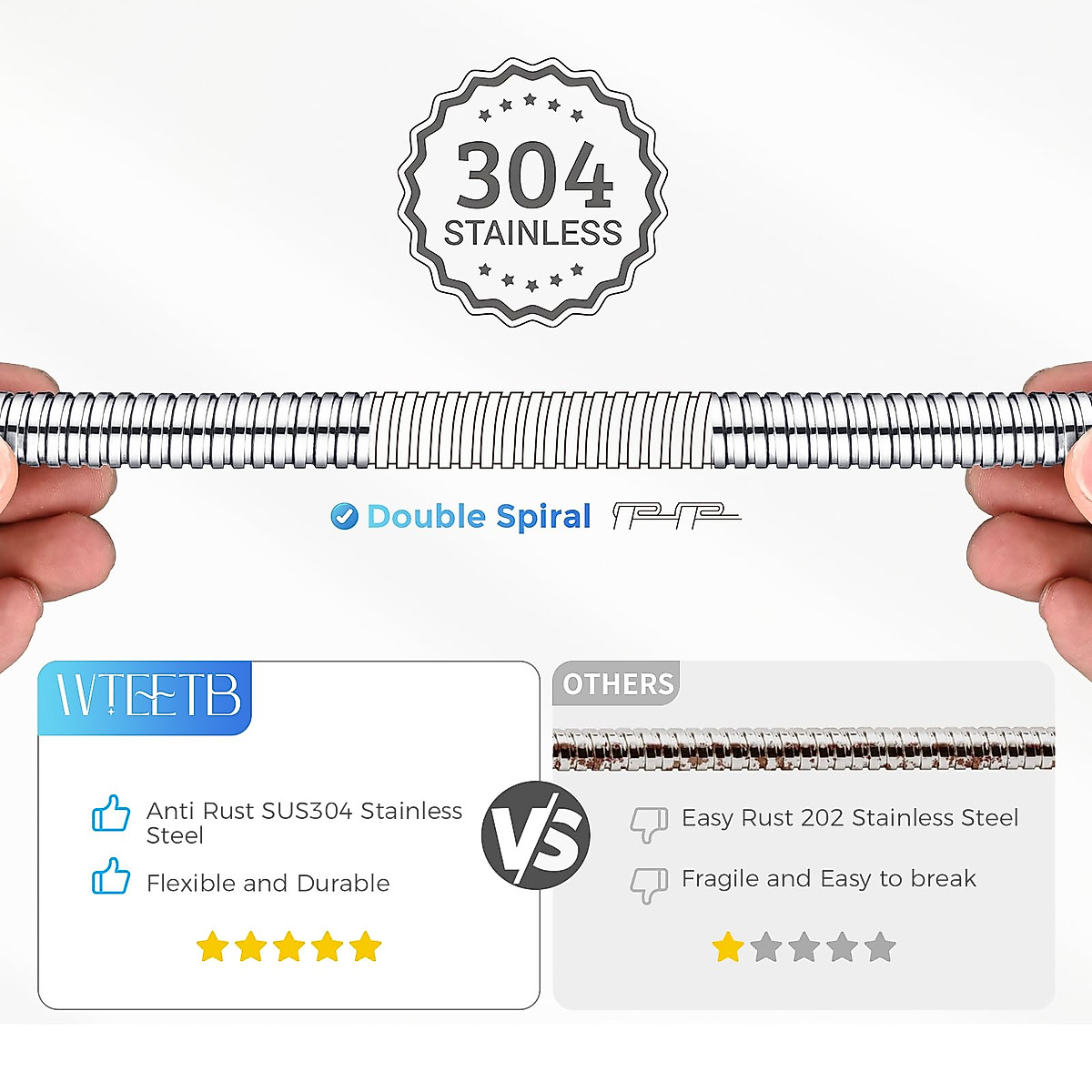 WTEETB Shower Hose Extra Long 100 Inches, 304 Stainless Steel Handheld Shower Head Hose Replacement, Flexible Hose Attachment, Toilet Hose for Bidet Sprayer 8.3 feet