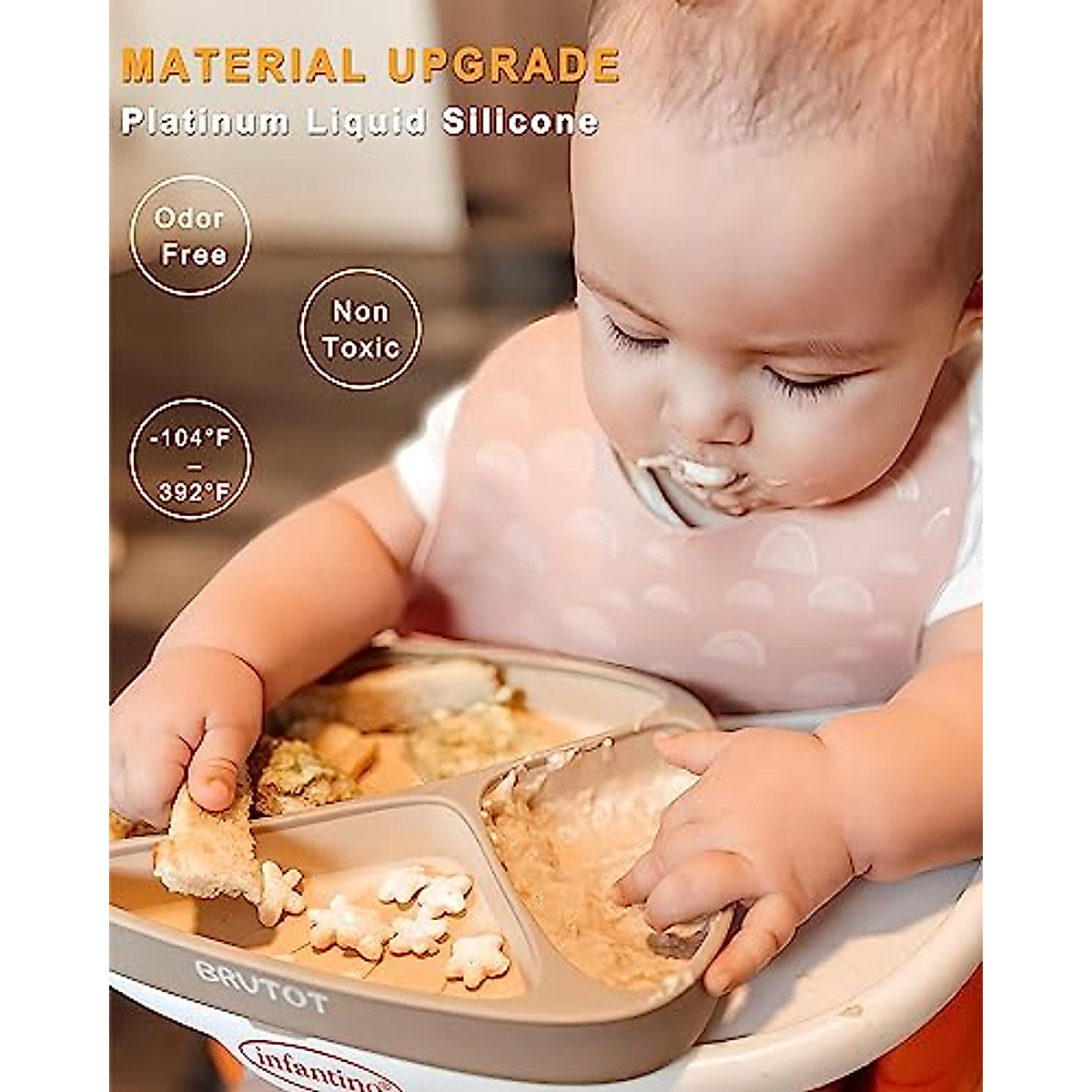 BRVTOT Newest Suction Plates for Baby & Toddler, 100% Food Grade Silicone Baby Plates with Spoon Set BPA Free, Feeding Divided Toddler Plate with Utensils for Led Weaning, Microwave & Dishwasher Safe