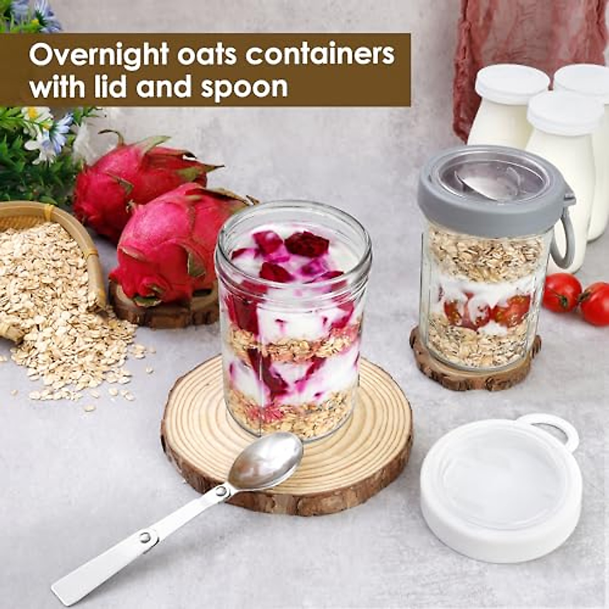Quald Overnight Oats Containers with Lids, Folding Spoons and Divided Compartments for Fruit (4 Pack)