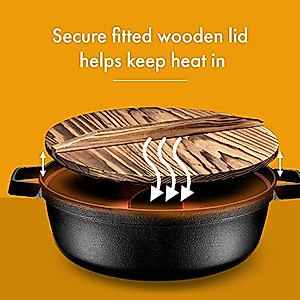 Bruntmor Pre-Seasoned 2-In-1 Cast Iron Big Pot With Lightweight Wooden Lid. Non-Stick Round Skillet Wok. Round Bottom Wok Pan With Lid For Shabu Shabu Hot Pot. 5 Quart, Black