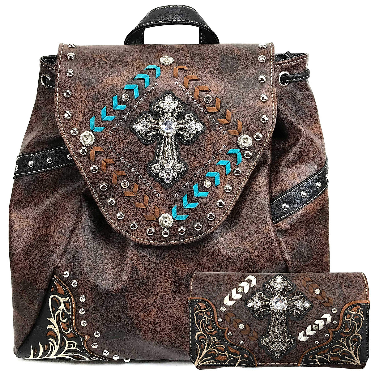Zelris Western Country Cross Chevron Design Square Rucksack Backpack with Matching Wallet Set (Brown Turquoise)