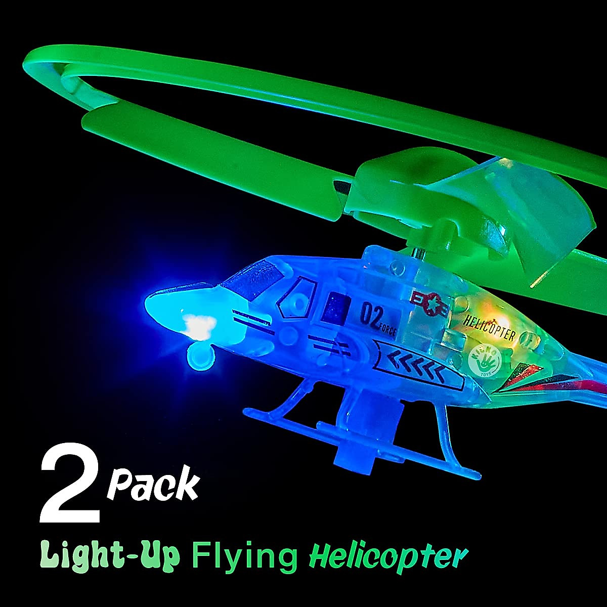 Kicko Flying Light-Up Toy - 2 Pack Ripcord Helicopter for Night Glow, Outdoor Playtime, Novelty, Rocket Flyer, Party Favor and Supply
