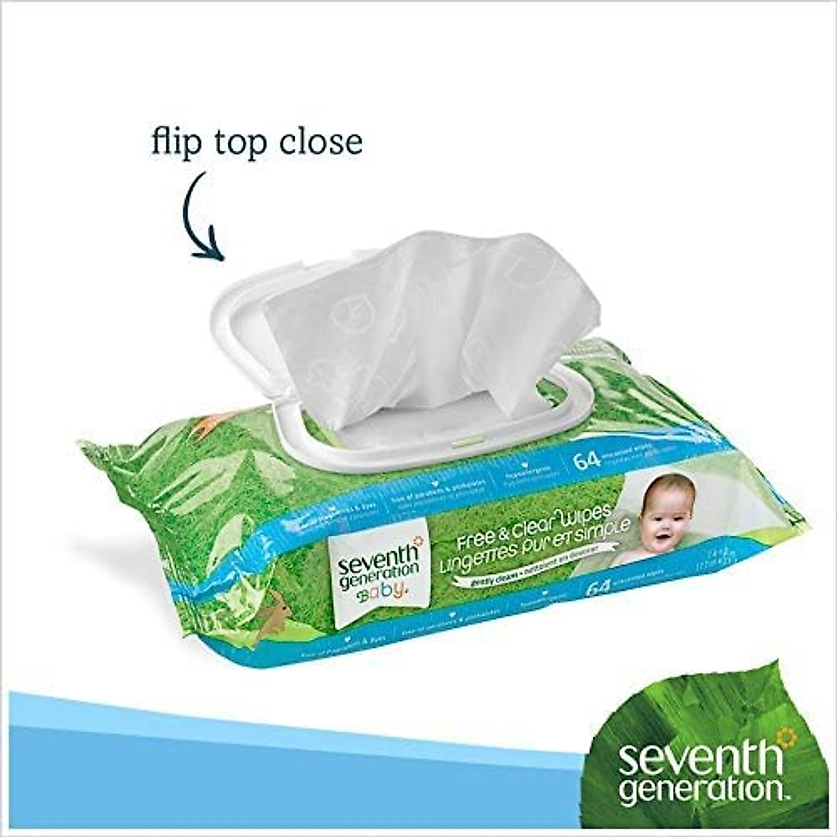 Seventh Generation Free & Clear Baby Wipes with easy open top, 64 count packs (pack of 12) (768 wipes)