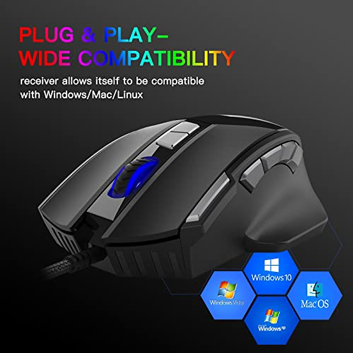 Ruiqas Wired Mouse 10 Buttons Optical Gaming Mouse with RGB Light 1000/1600/ 2400/ 3200DPI Weight Tuning for PC Computer Laptop