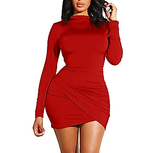 GOBLES Women's Long Sleeve Elegant Sexy Bodycon Ruched Mini Cocktail Dress Red