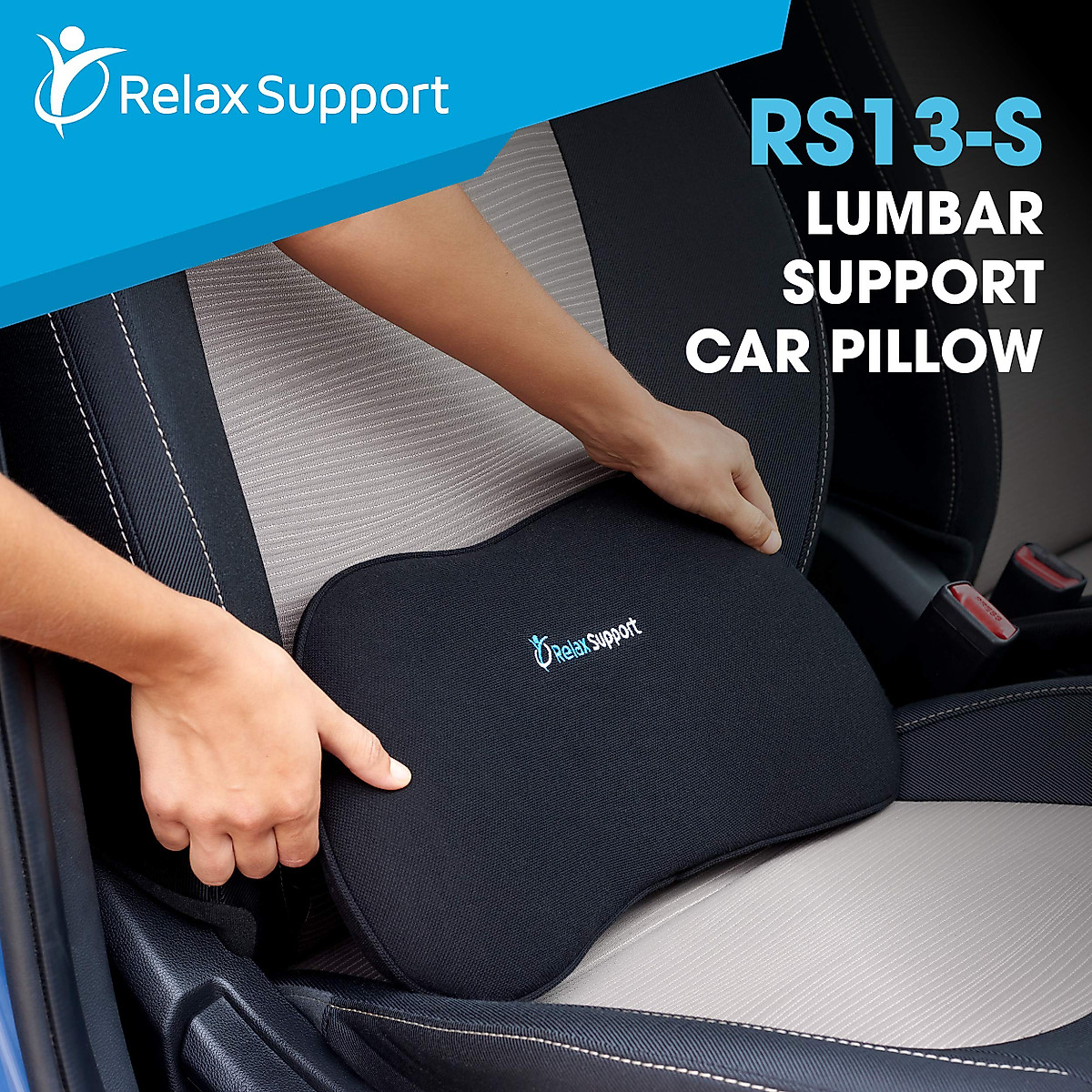 RELAX SUPPORT RS13-S Lumbar Support Pillow for Car - Full Memory Foam, Adjustable Dual Straps, Medium Firm - Promotes Good Spinal Posture&Comfortable Sitting While Driving - Back Support for Car Seat