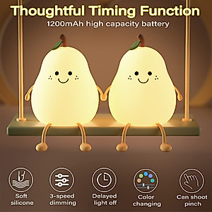 Aokpsrt Cute Night Light Rechargeable with 7 Color Changing and Timer, Kids Pear Night Light for Toddler Baby Christmas Gifts, Touch Portable LED Silicone Lamp for Nursery